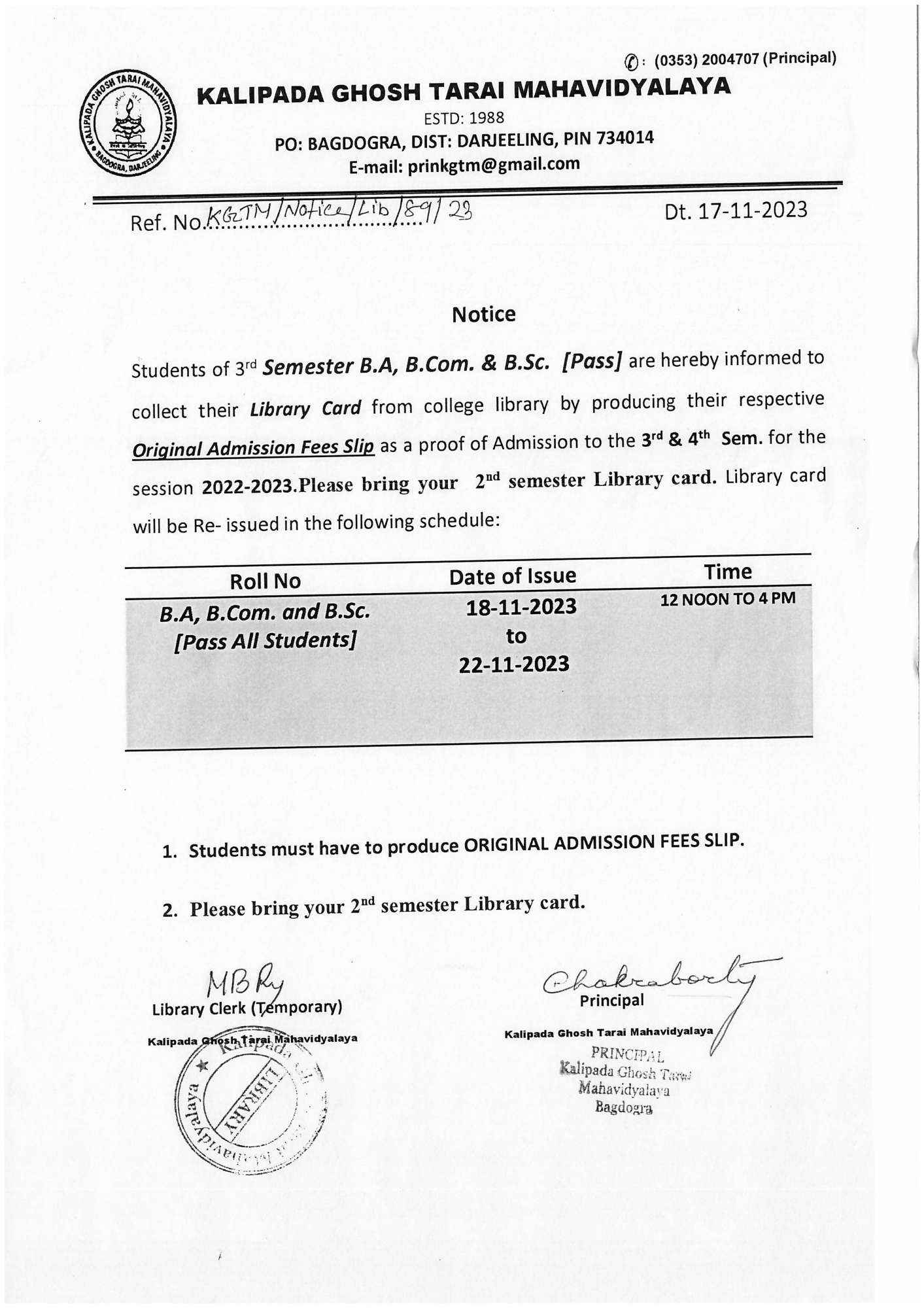 3rd Sem Program Library Card Issue – Kalipada Ghosh Tarai Mahavidyalaya